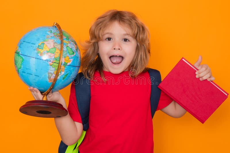 School Child with World Globe and Book. Portrait of School Boy Isolated ...