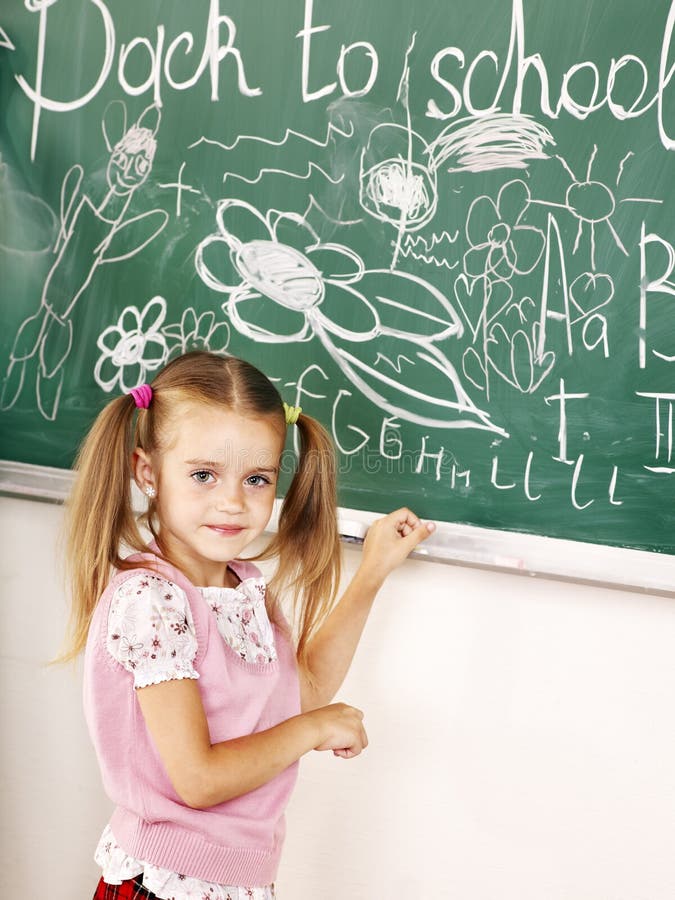 School Child Writing on Black Board. Stock Image - Image of young ...