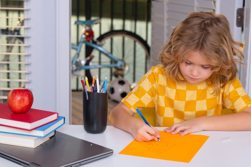 Child Writing Homework in School Class. Preteen Schoolboy Doing Her ...