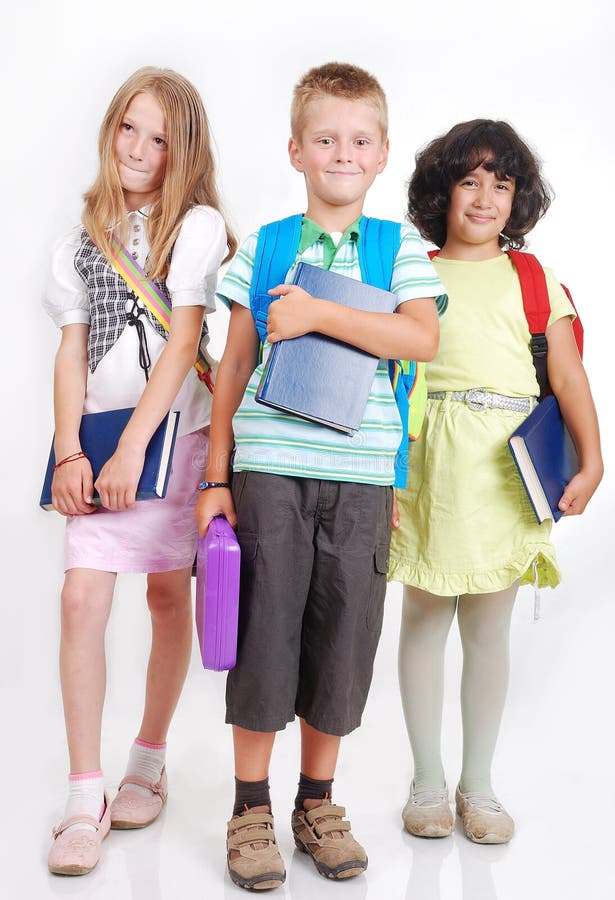 School Children with Bags and Books Isolated Stock Image - Image of ...