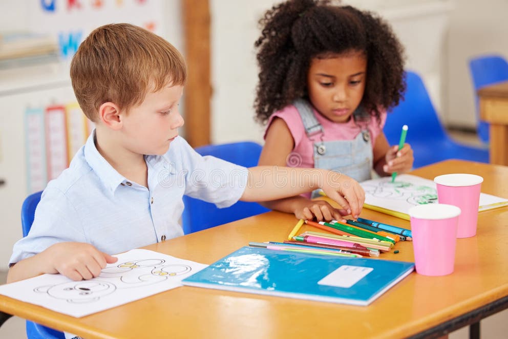 School, Children or Coloring with Sharing in Classroom for Drawing ...