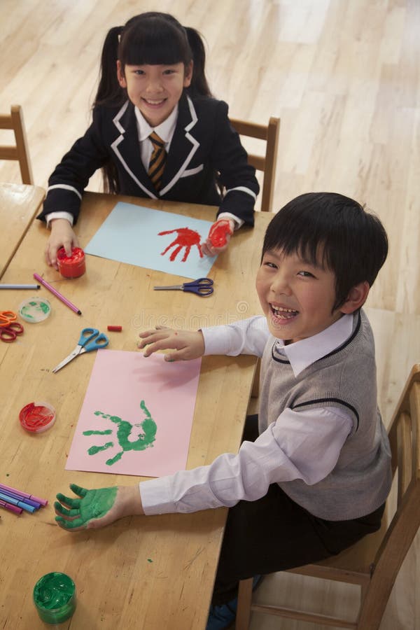 School Children Finger Painting in Art Class, Beijing Stock Photo ...