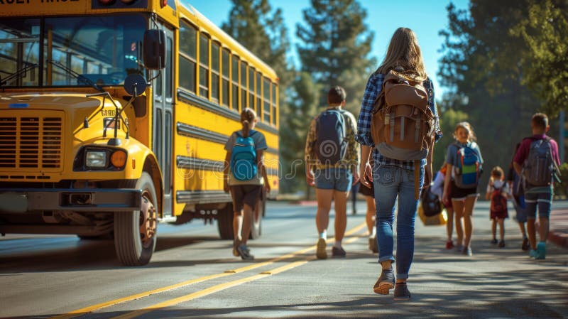 School Children Getting Off a Yellow School Bus Stock Illustration ...