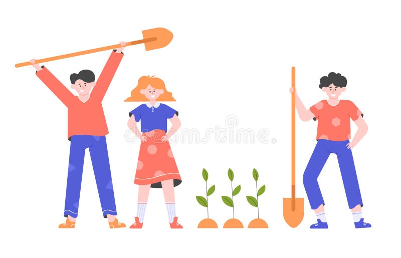 School Children with Spades and Seedlings. Illustration de Vecteur ...