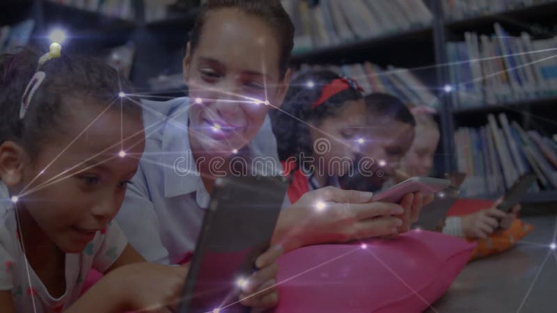 In School, Children and Teacher Using Tablets with Animation of Digital ...