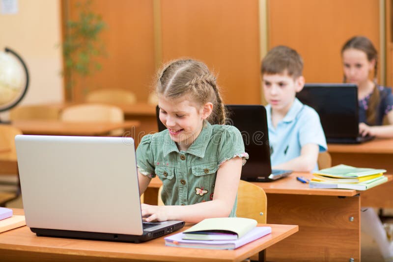 Line of Children in School Computer Class Stock Image - Image of ...