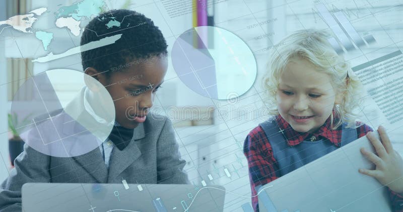 In School, Children Using Laptops and Exploring Digital Interfaces with ...