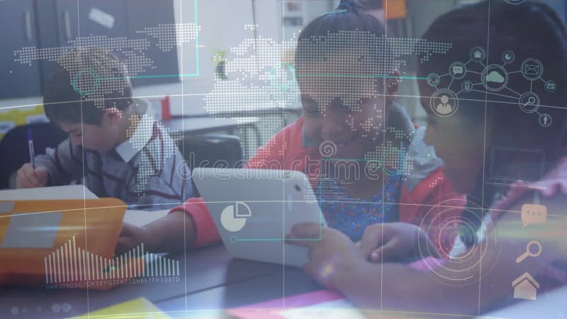 In School, Children Using Tablet with Animation and Digital Technology Overlay Stock Video ...