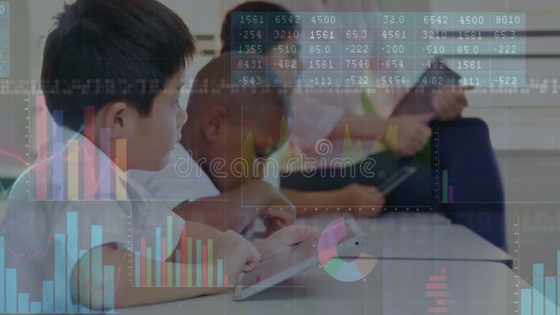 In School, Children Using Tablets with Animation of Data Charts on ...
