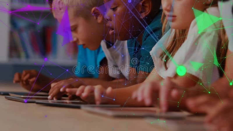 In School, Children Using Tablets with Animation Showing Digital Network Connections Stock Video ...