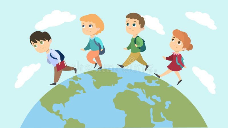 Six Kids Walking Around the Planet Earth Stock Illustration ...