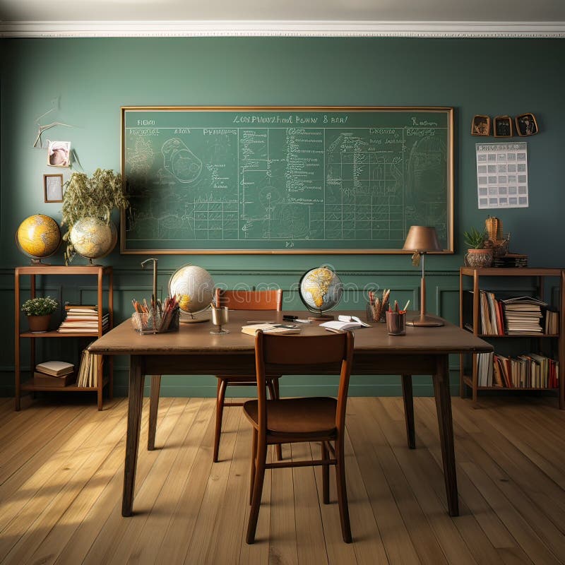 A School Class Room with Chair and Desk with Bookshelf and Globe Stock ...