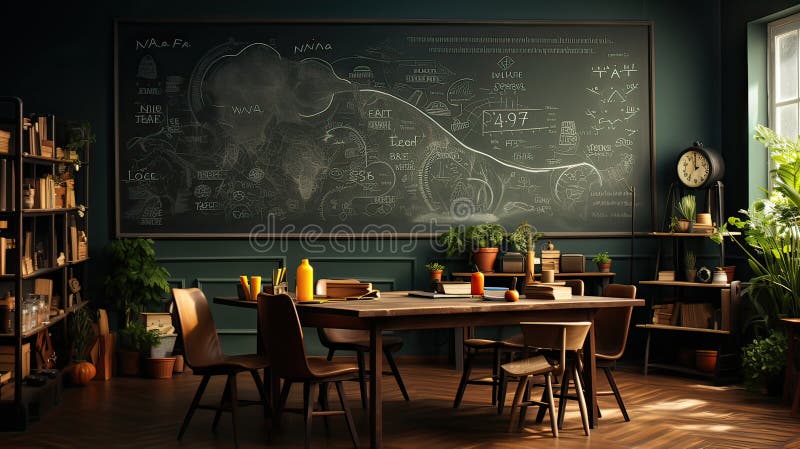 A School Class Room with Chairs and Desk with Bookshelf Having Drawing ...