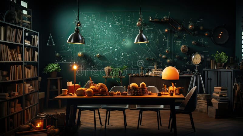 A School Class Room with Chairs and Desk with Bookshelf and Lights ...