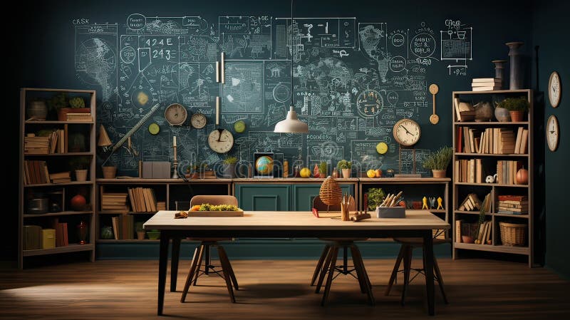 A School Class Room with Chairs and Desk with Bookshelf and Lights ...