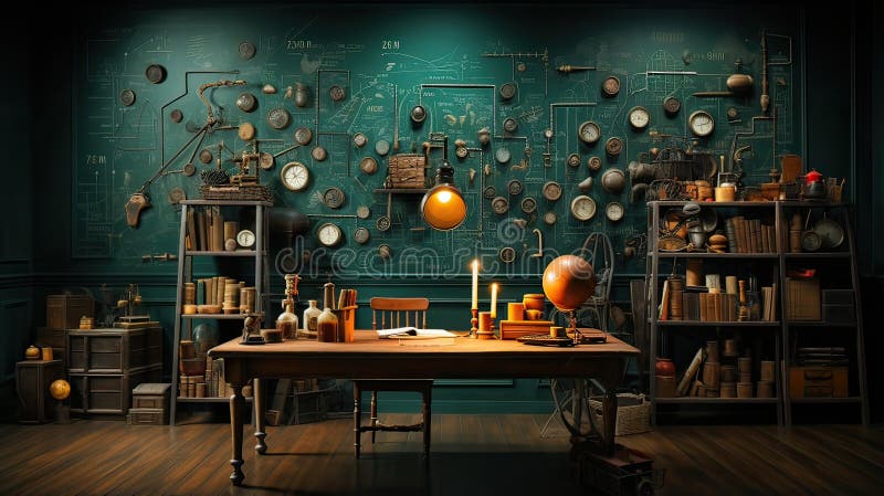 A School Class Room with Chairs and Desks with Bookshelf and Many ...