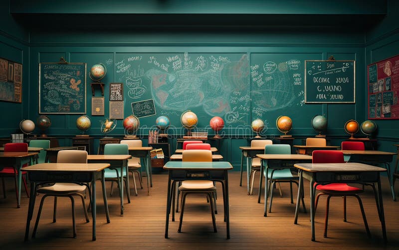 A School Class Room with Colorful Chairs and Desks Having Work Written ...