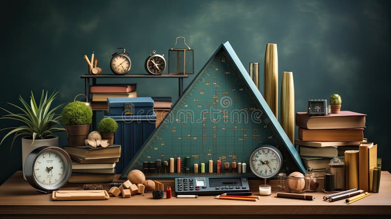 A School Class Room with Compass, Tools and Green Board Behind Stock ...