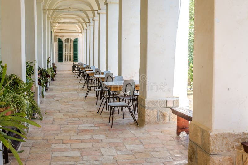 School Class, Tables and Chairs Outside in a Monastery Stock Photo ...