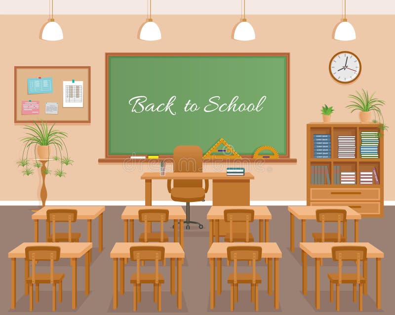 School Classroom with Chalkboard, Student Desks and Teachers Desk ...
