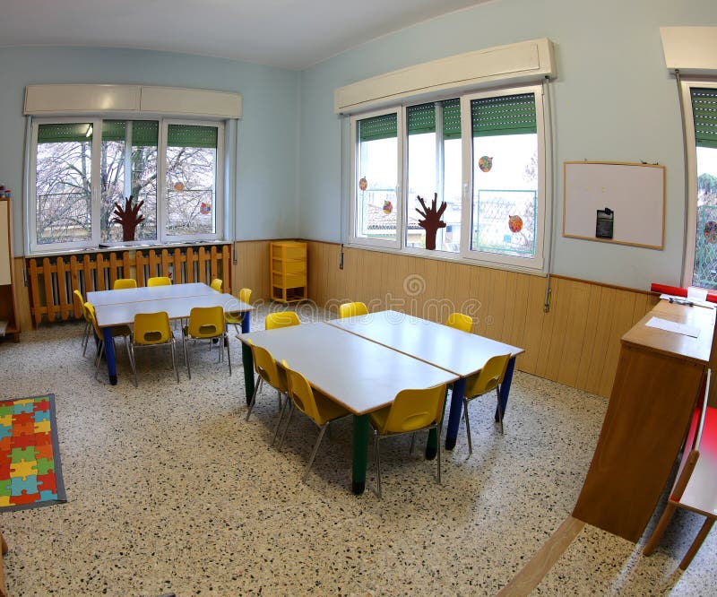 School Classroom without Children with Colorful Chairs and Small Stock ...