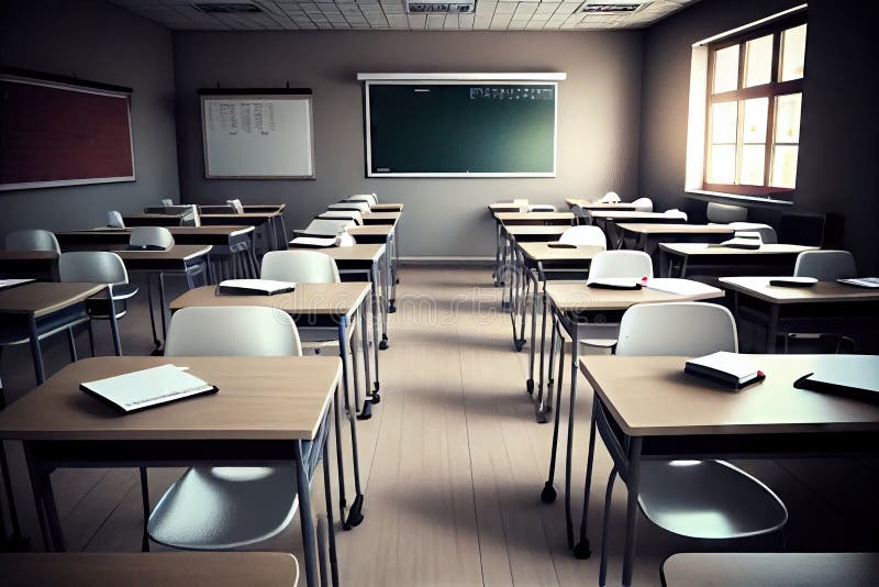 A School Classroom with Desks in a Neat and Tidy Rows, Ready for the ... A School Classroom with Desks in a Neat and Tidy Rows, Ready for the ...