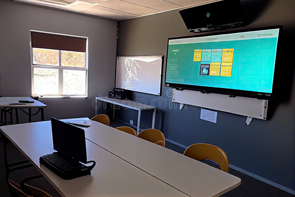 School Classroom with Interactive Smart Board, Laptop, and Projector for Modern Learning ...