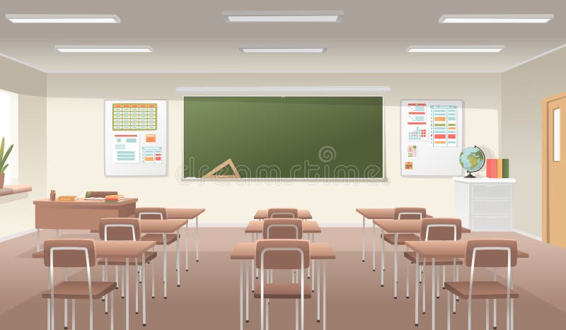 School Classroom Interior. a Bright Spacious Room with a Blackboard and ...