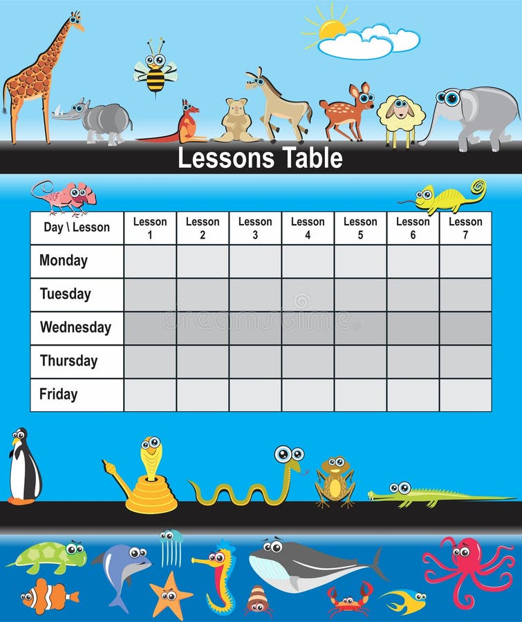 School Classroom Lessons Table, with Animals Drawing Surrounding Stock ...