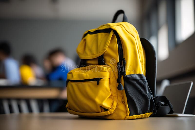 School Classroom. New School Bag on a Student& X27;s Desk in the ...