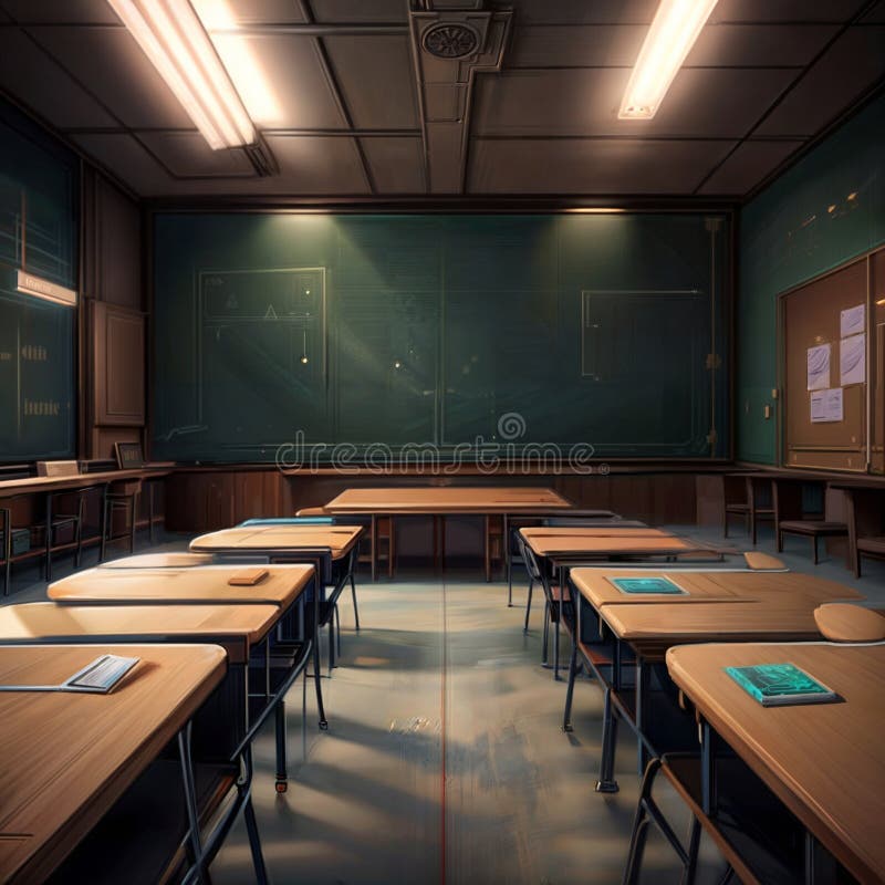 A School Classroom with Rows of Wooden Desks and a Blackboard Against ... A School Classroom with Rows of Wooden Desks and a Blackboard Against ...