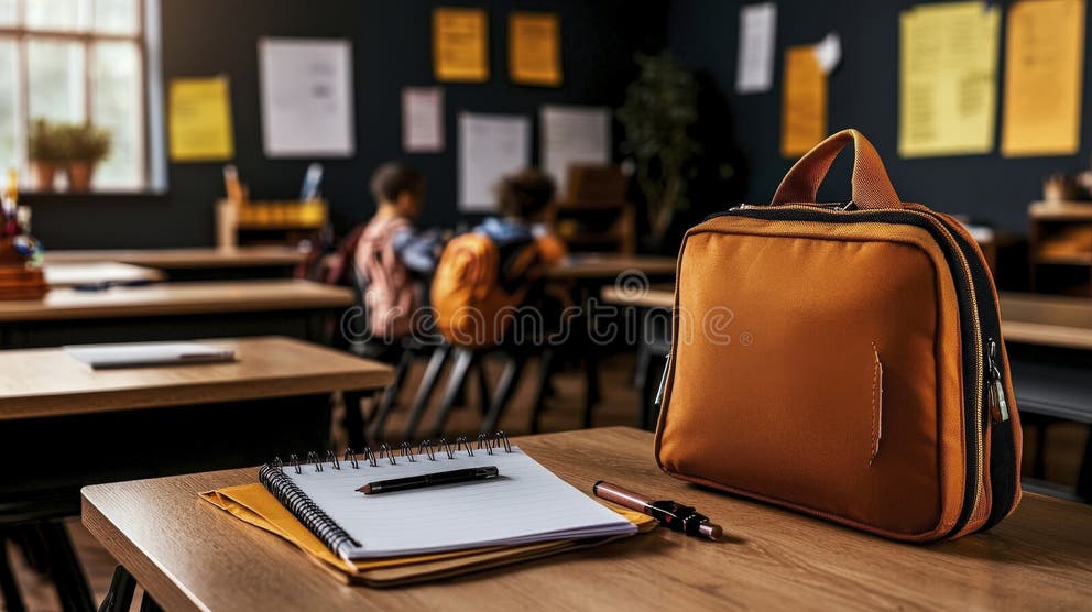 School Classroom Setting with Backpack and Notepad Indoor Learning ...