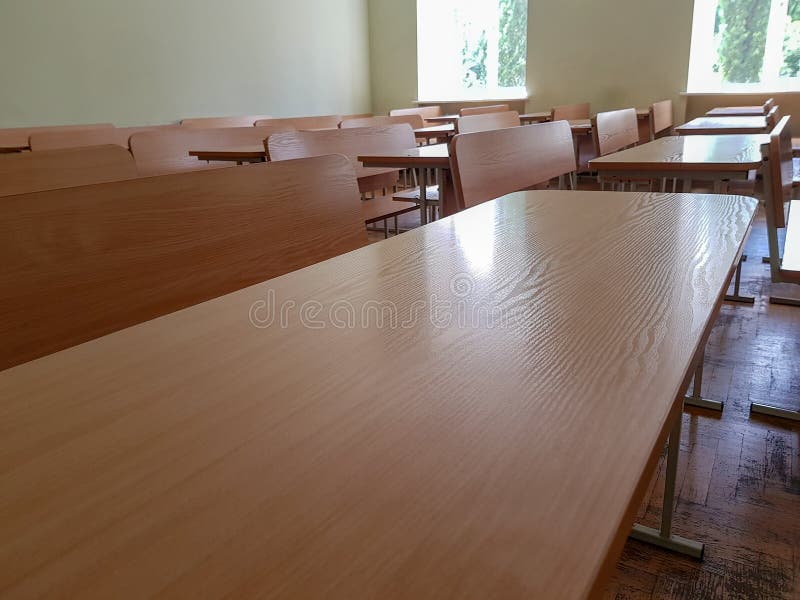 School Classroom with Three-row Desks and Large Windows. Student ...