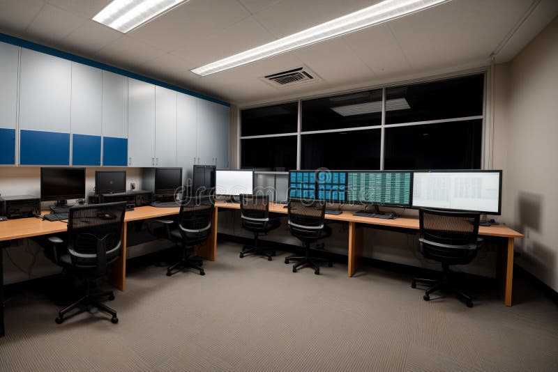 A School Computer Lab Turning into a Control Center Stock Illustration - Illustration of ceiling ...