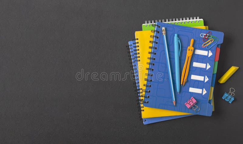 School Concept, Notebooks and Pens on a Black School Board. Top View ...