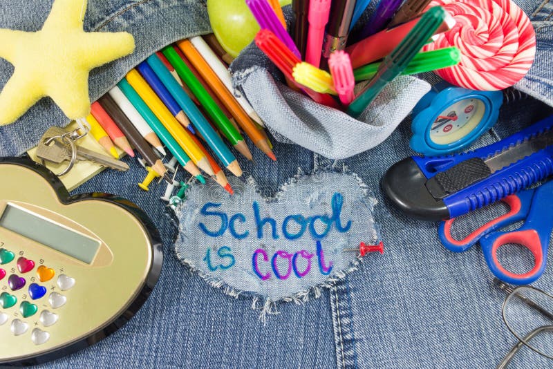 School is Cool Sign with Creative Learning Objects Stock Photo - Image ...