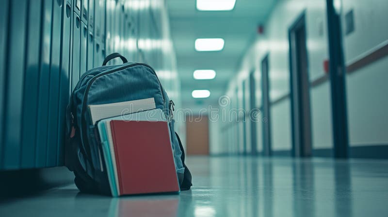 A School Corridor with Dim Lighting and a Polished Floor, Featuring a ...