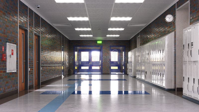 School Corridor with Exit Door Stock Illustration - Illustration of ...