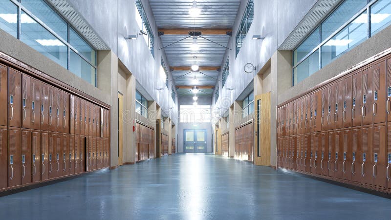 School Corridor with Exit Door Stock Illustration - Illustration of ...
