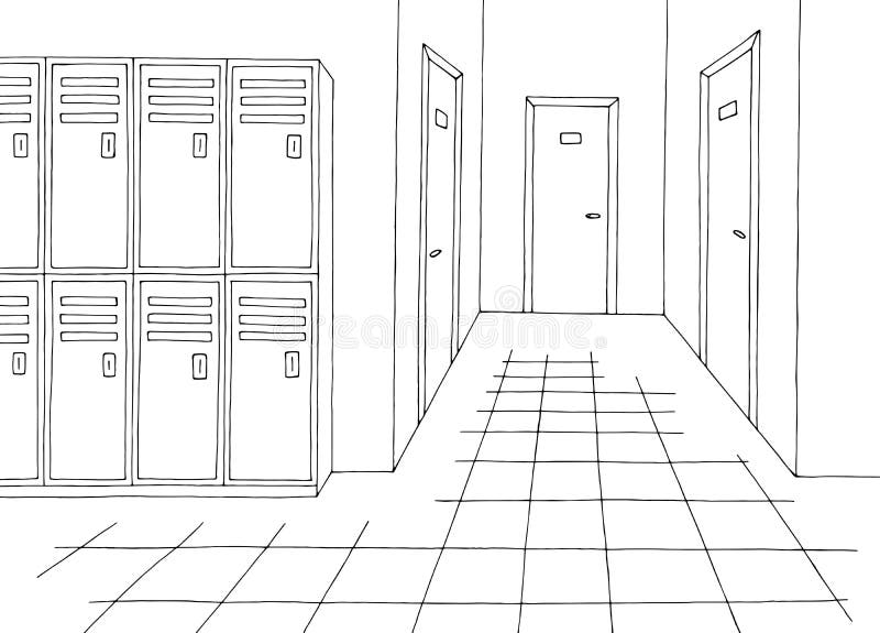 School Corridor Lobby Graphic Black White Interior Sketch Illustration ...