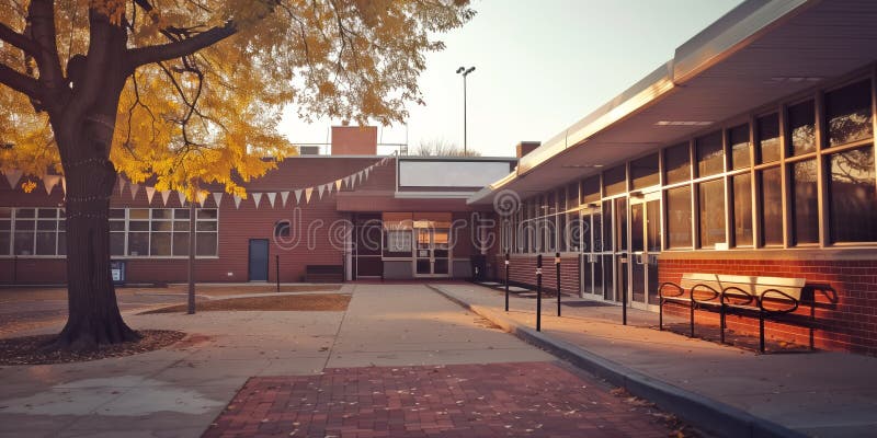 School Courtyard with Autumn Leaves on a Large Tree, Brick Building ...
