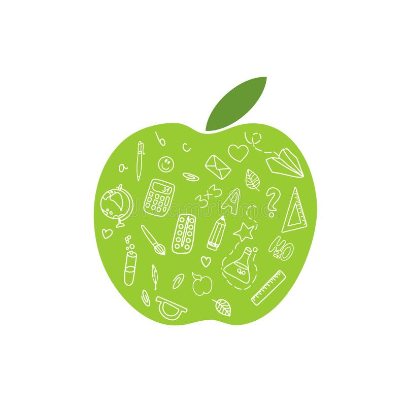 School Design with Green Apple and Learning Materials. Doodle Stock ...