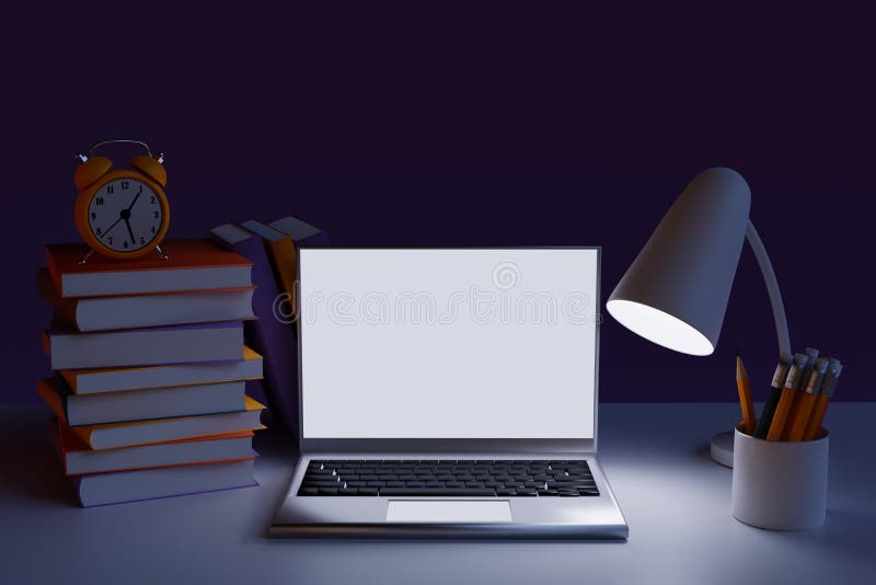 School Desk with School Accessories and Laptop Under Lamp Light. Study ...