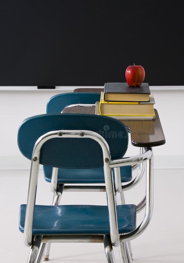 School Desks with Books and Apple. Stock Photo - Image of back, empty ...
