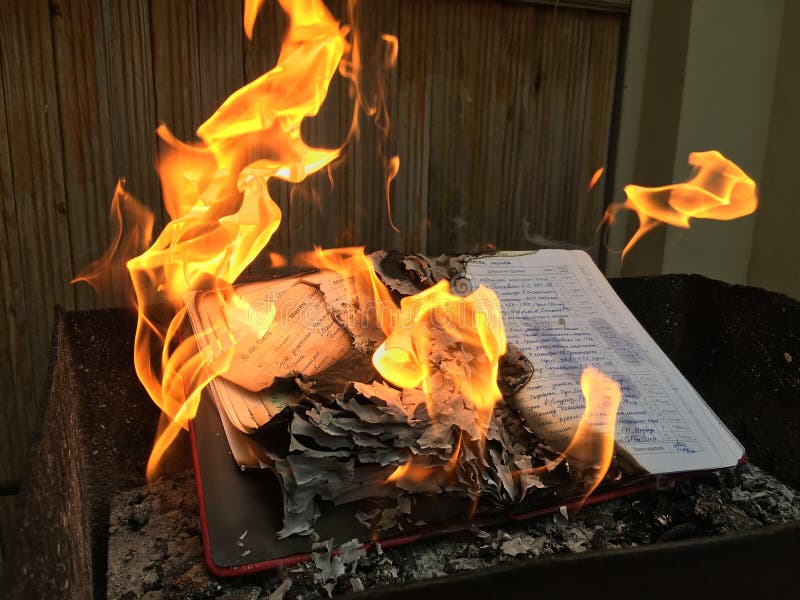 Diary with daily Hand Written Note Burning in Fire Flame Stock Photo ...