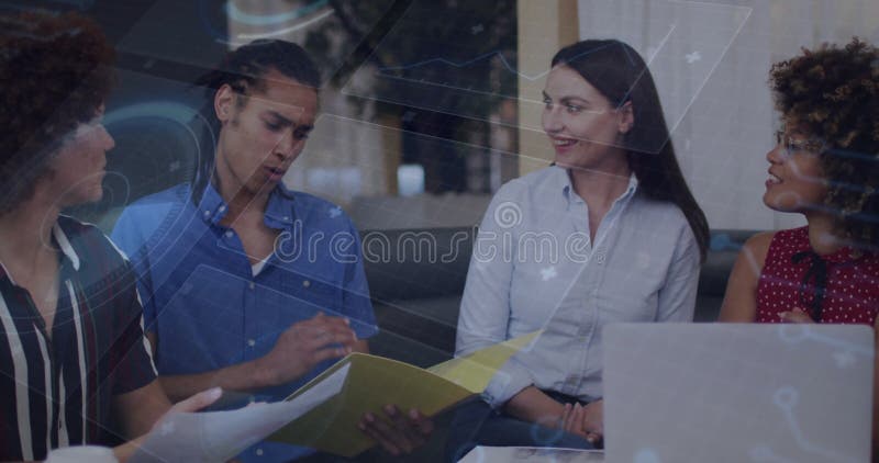 In School, Diverse Group Discussing Documents with Data Processing Animation Overlay Stock Video ...