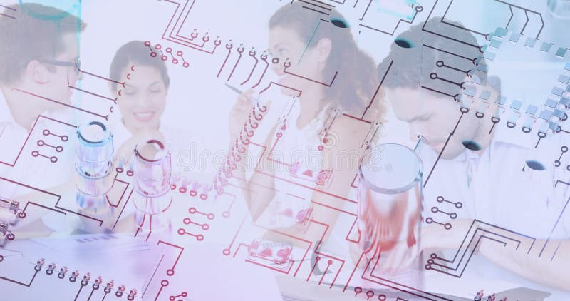 In School, Diverse People Collaborating with Circuit Diagram Overlay in ...