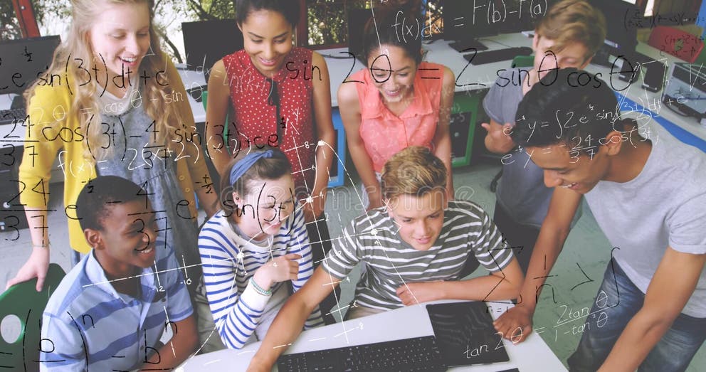 In School, Diverse Students Collaborating on Laptop, Solving Math ...