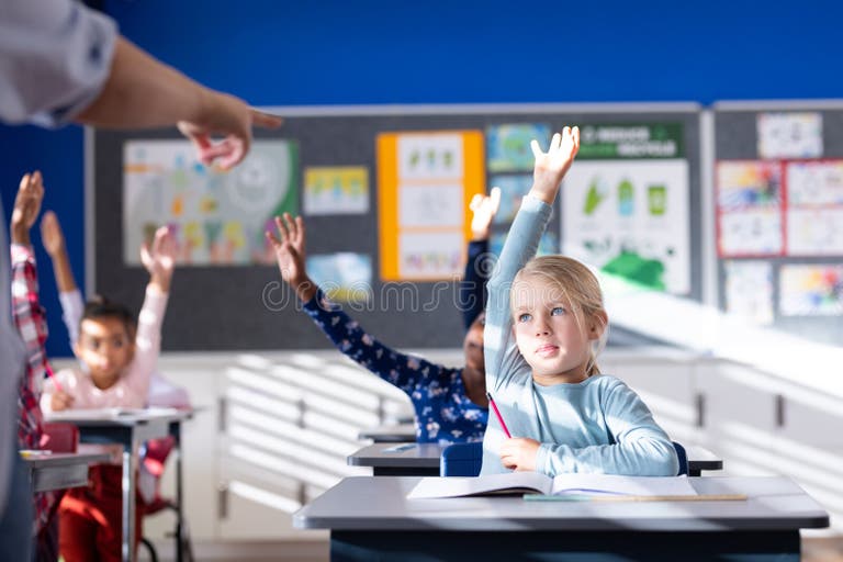 In School, Diverse Students Raising Hands in Classroom, Participating ...