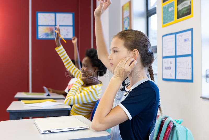 School Diverse Students Raising Hands Answer Questions Classroom Stock ...